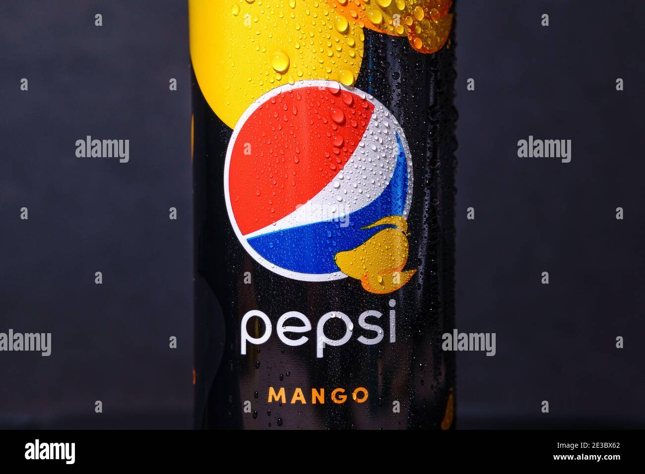 Tyumen, Russia-November 02, 2020: Pepsi Mango can with water drops. A ... Tyumen, Russia-November 02, 2020: Pepsi Mango can with water drops. A ...