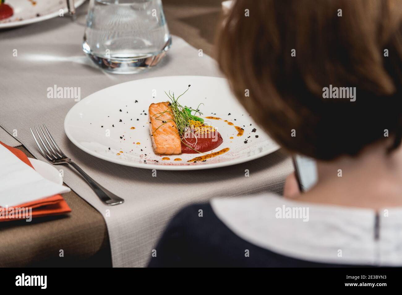 delicious salmon in a restaurant. small portion Stock Photo - Alamy