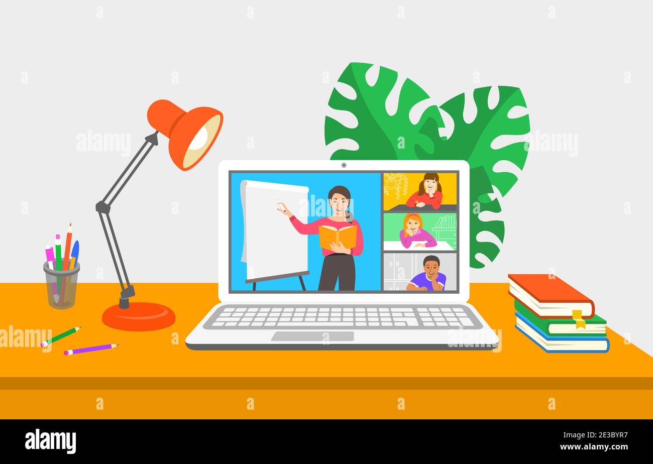 Virtual class online school distance learning teleconference. Kids stay ...