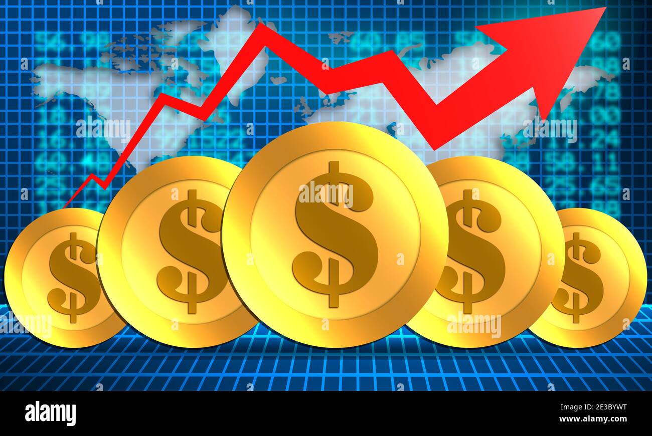 3D rendering illustration of gold coins with red arrow going up Stock ...