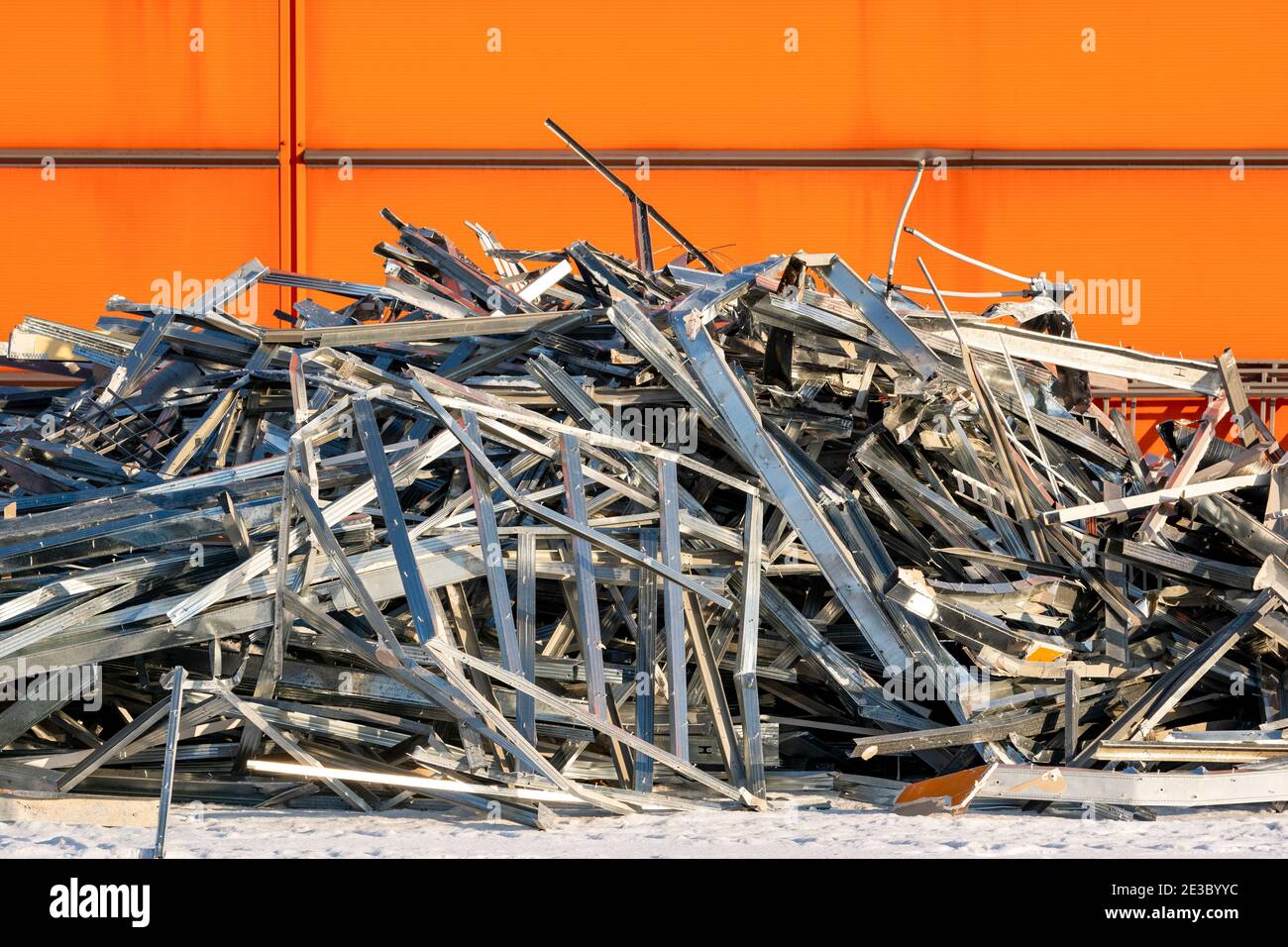 Outdoors cluttered construction debris pile. Construction industry ...