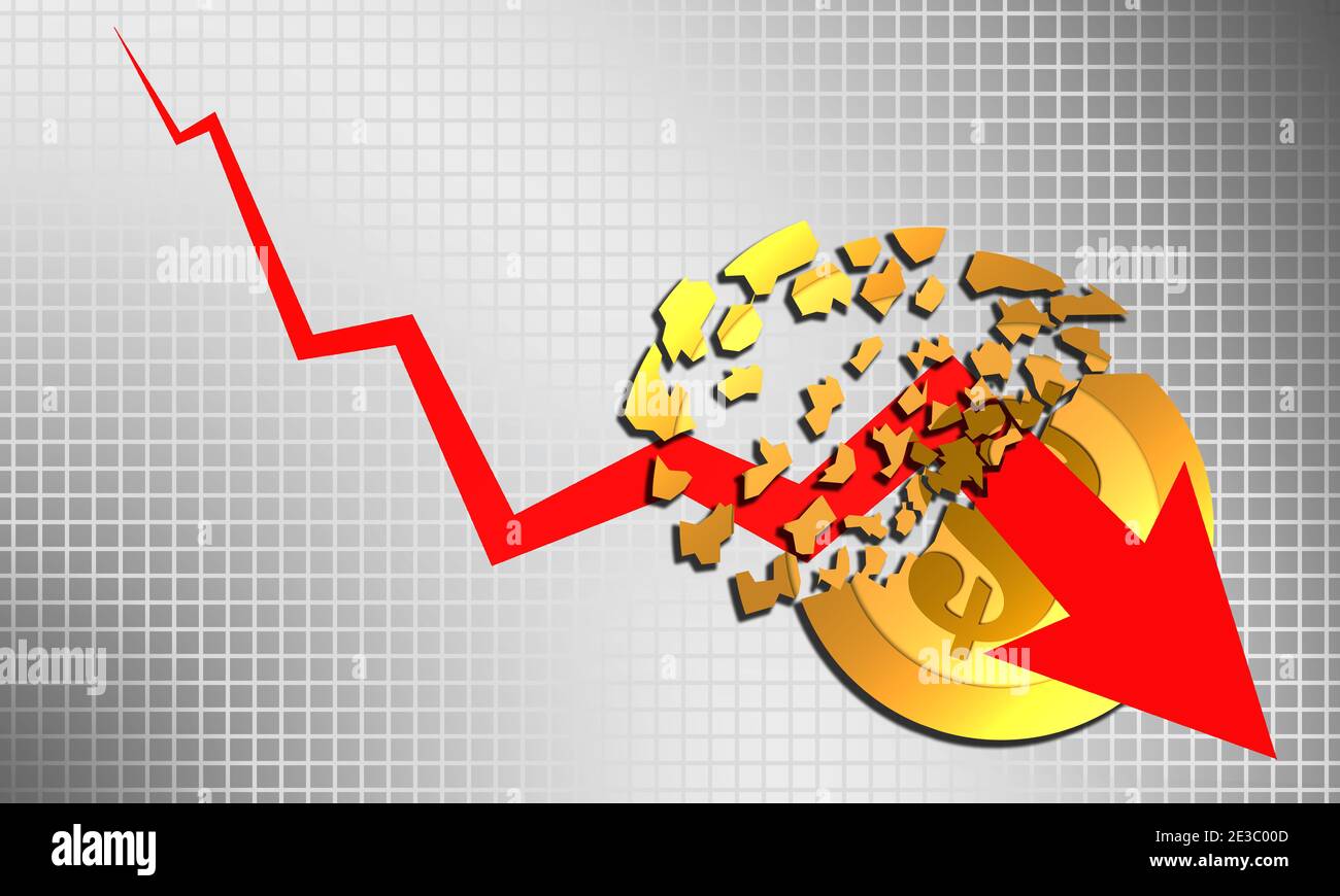 3D rendering illustration of Finance decline graph with shatter coin ...