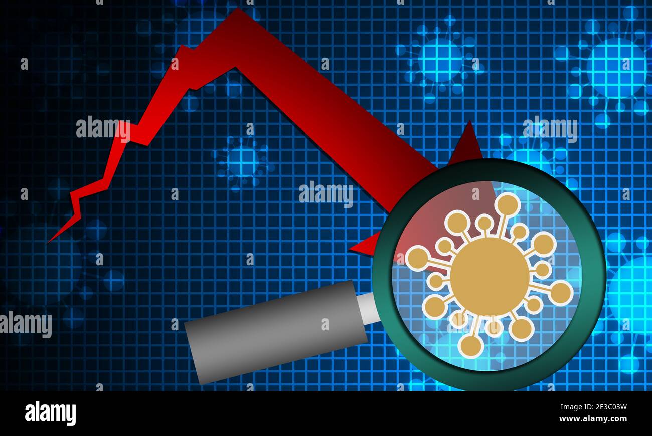 3D rendering illustration of Coronavirus disease and red arrow on graph ...