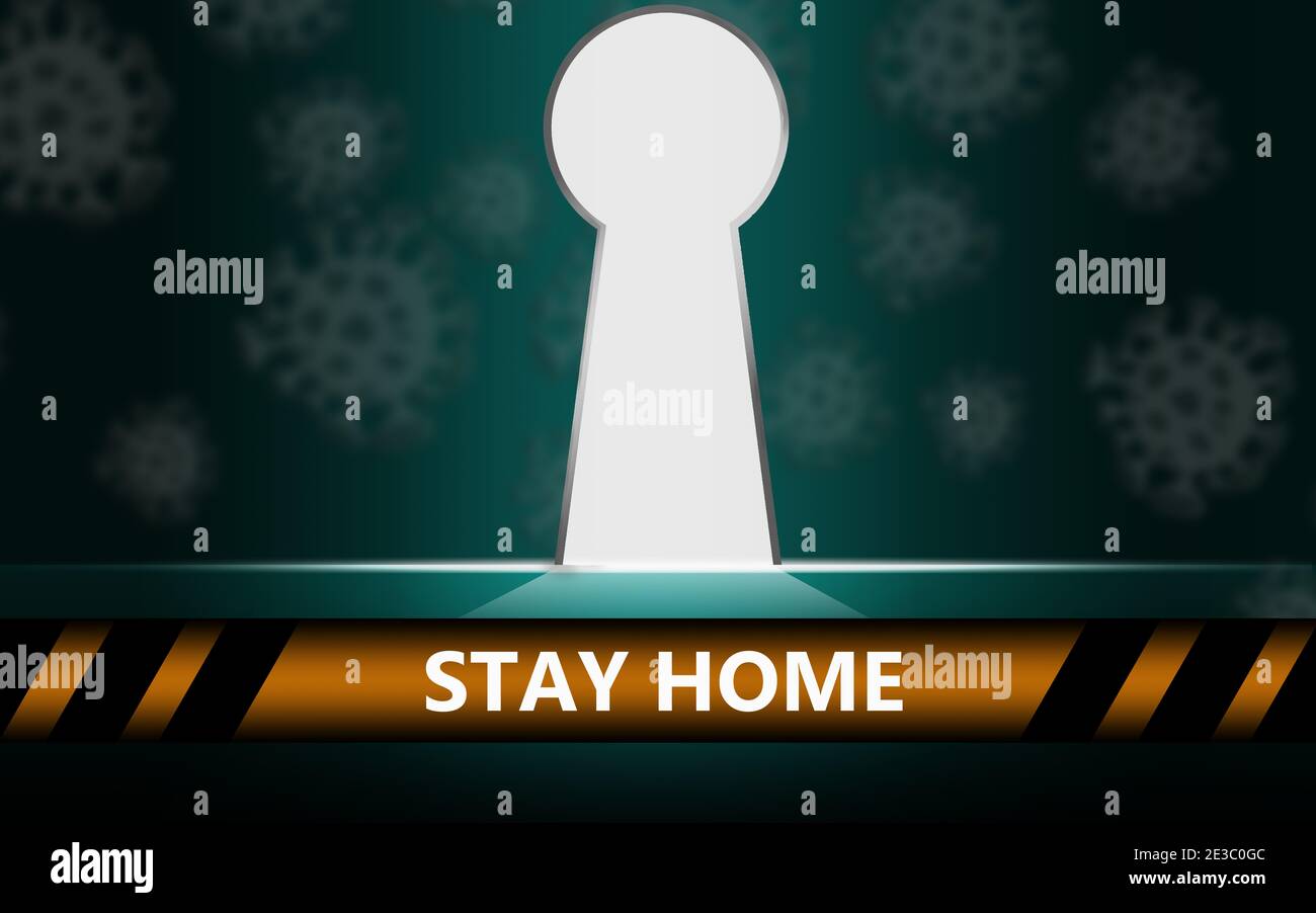 3D rendering illustration of stay home warning banner and keyhole Stock ...