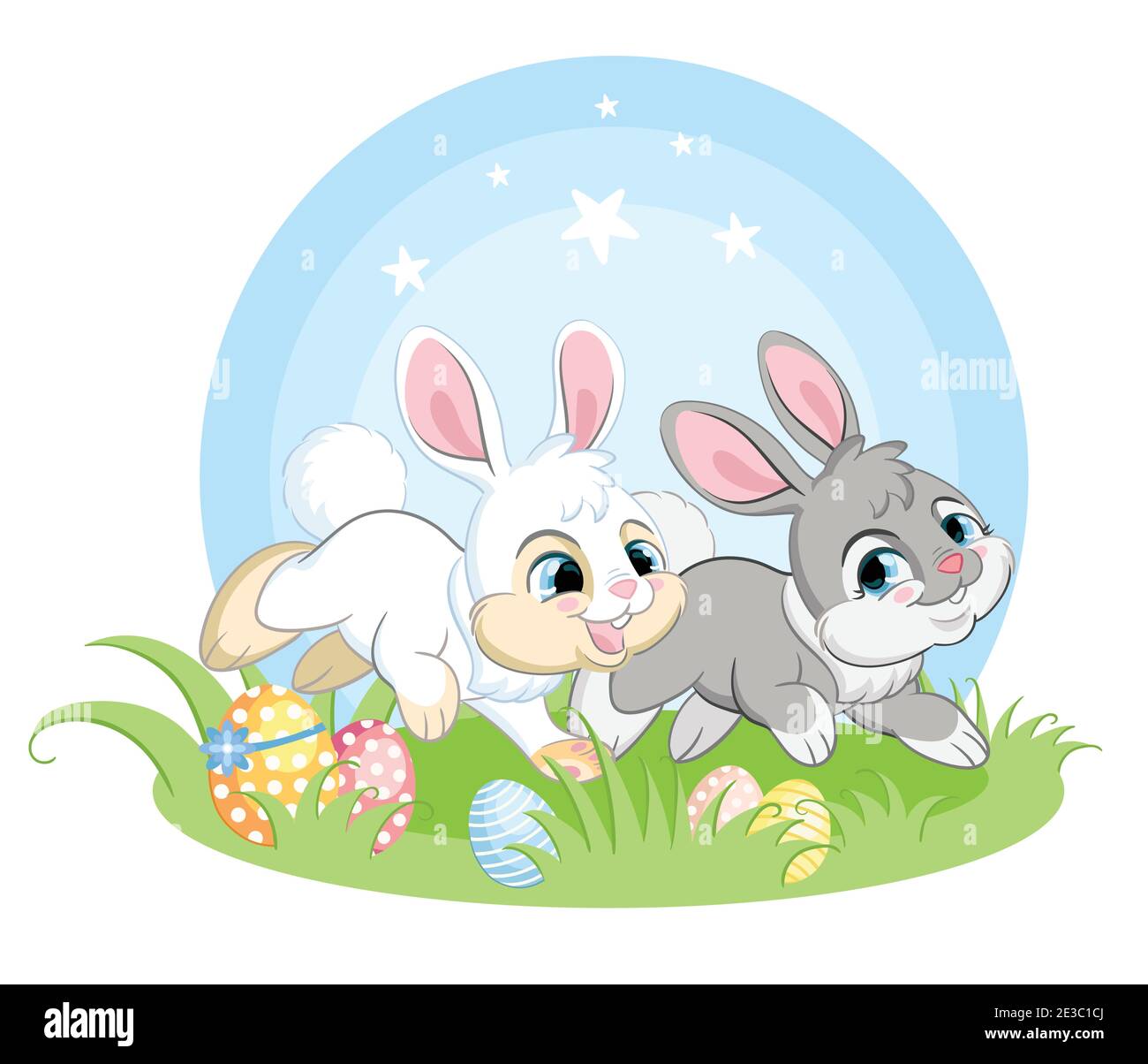 Two cute rabbits running on spring grass with Easter eggs. Colorful ...