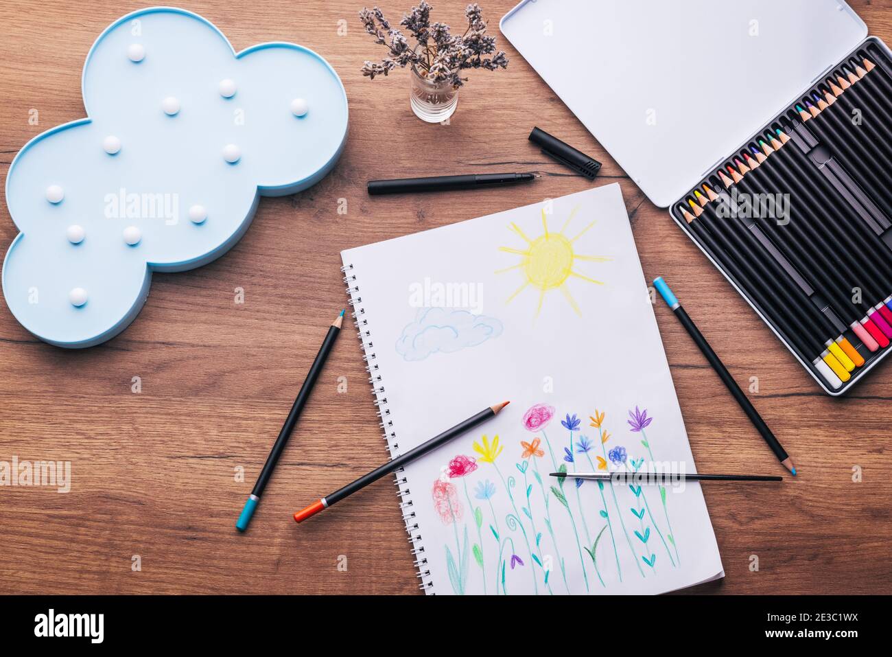 Child drawing top view. Artwork workplace with creative accessories ...