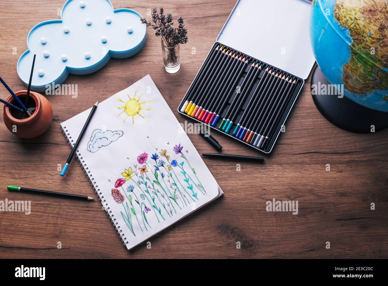 Child drawing top view. Artwork workplace with creative accessories ...
