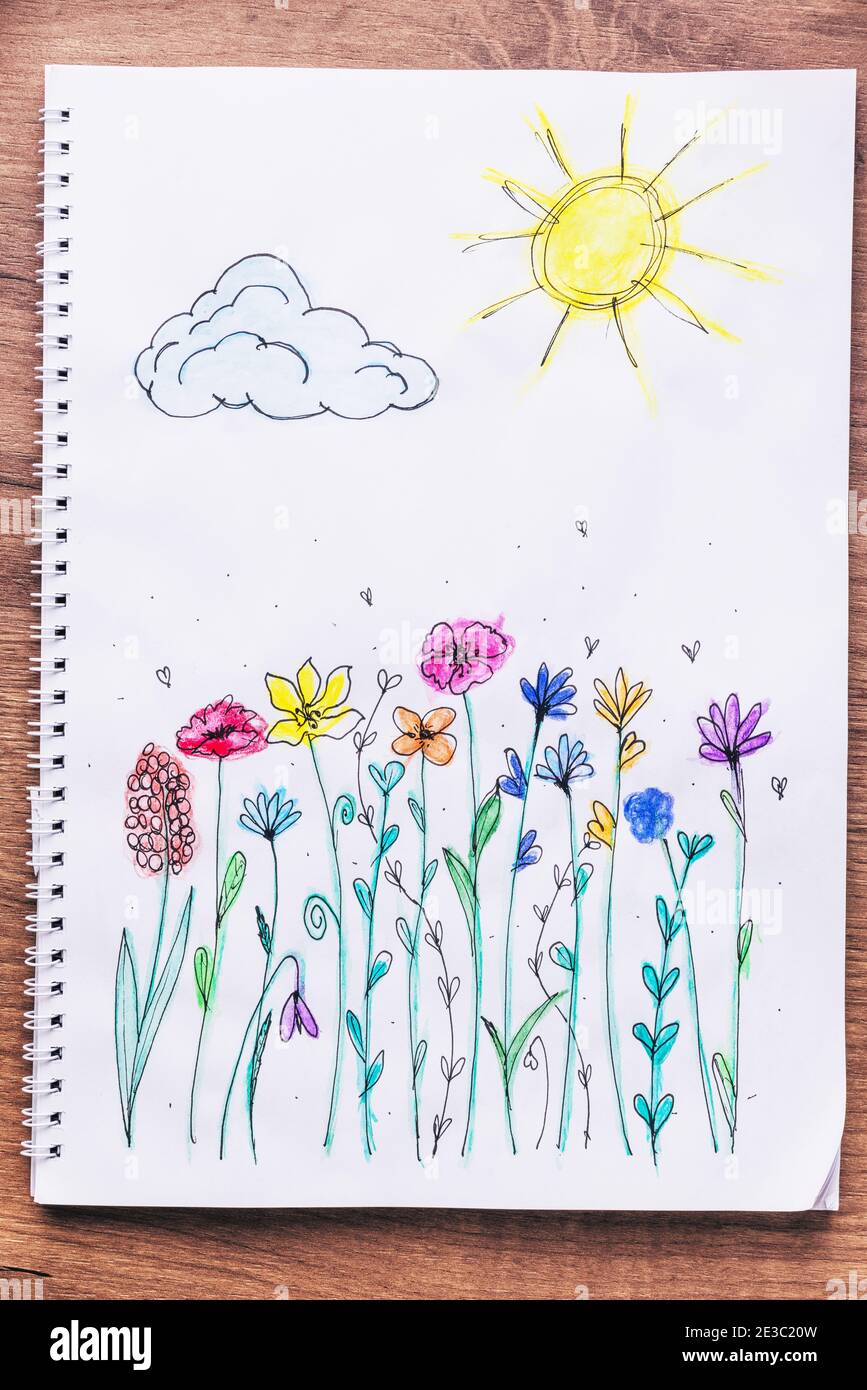 Child drawing top view. Artwork workplace with creative accessories ...