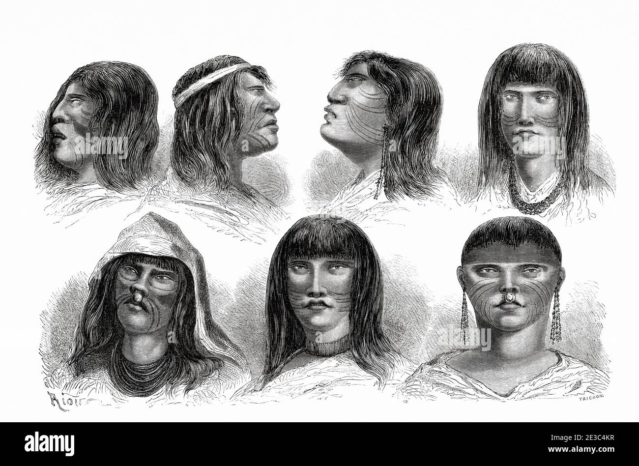 Peruvian nativus of the Antis tribe, Peru, South America. Old XIX ...