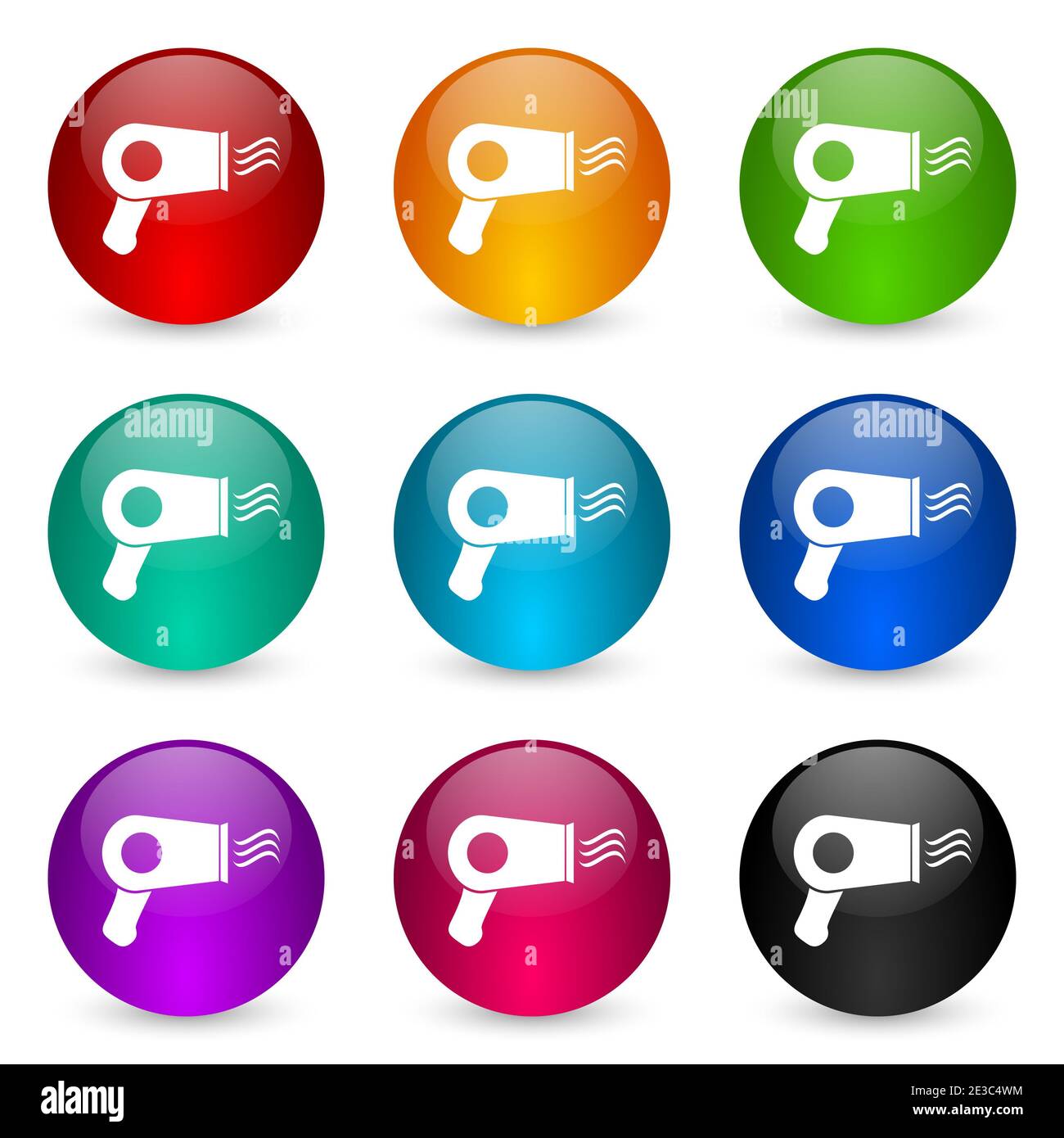 Hair dryer, beauty salon icon set, colorful glossy 3d rendering ball ...