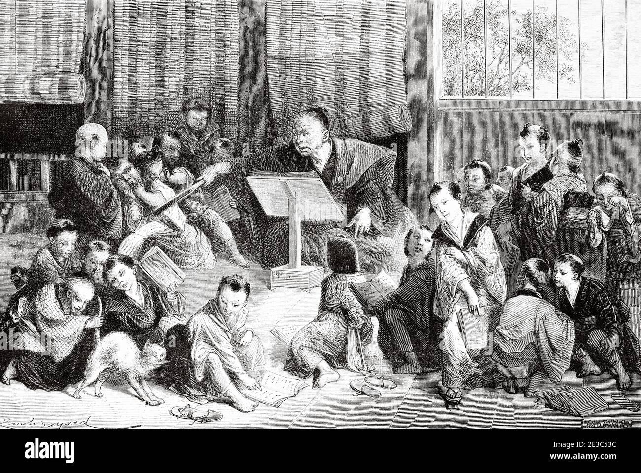 A Japanese school, Japan. Old 19th century engraved illustration Travel ...