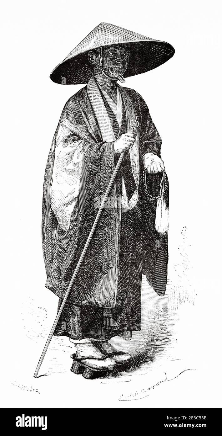 Bonzo Buddhist monk begging, Japan. Old 19th century engraved ...