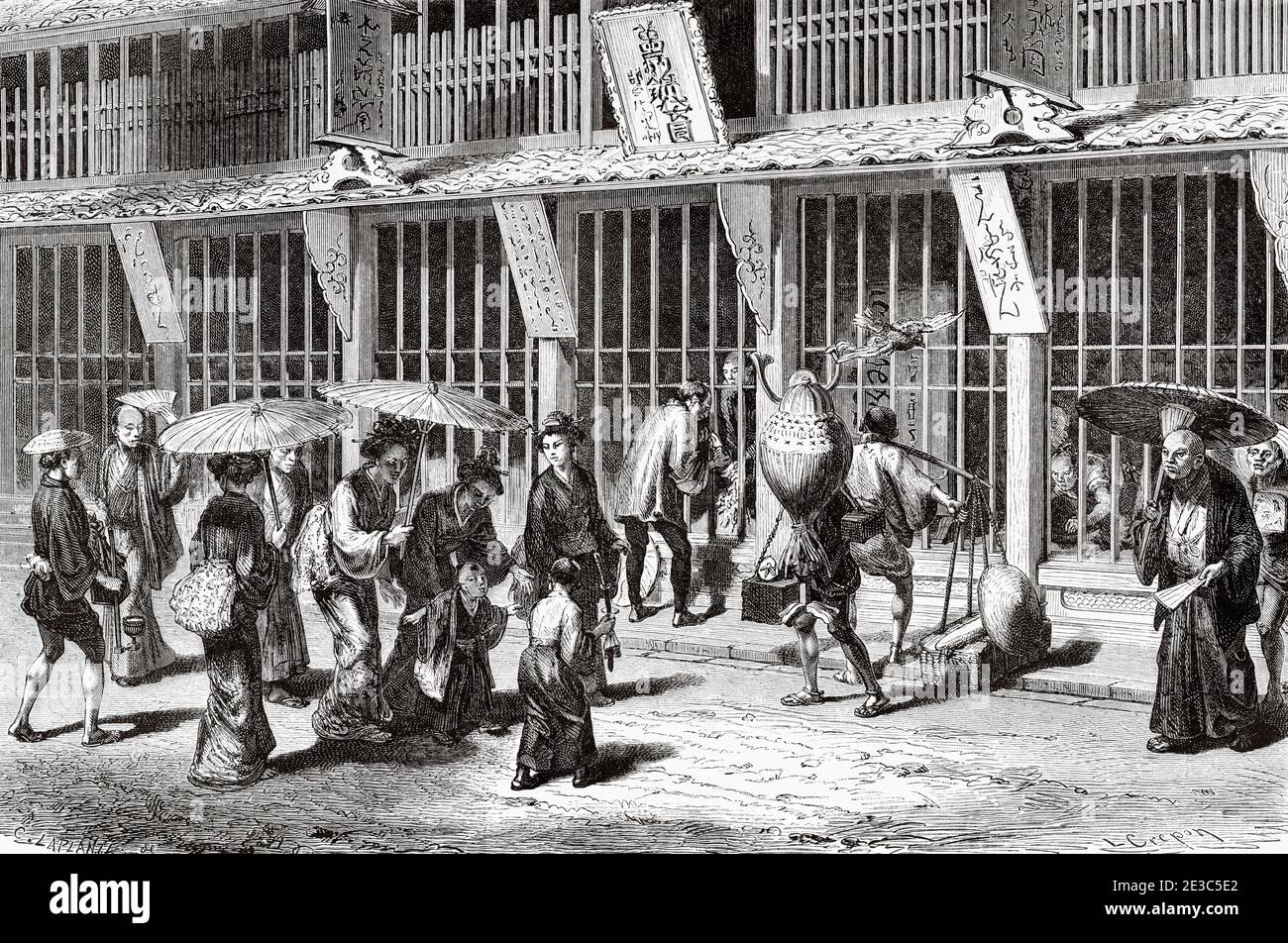 Pharmacy in Tokyo, Japan. Old 19th century engraved illustration Travel ...