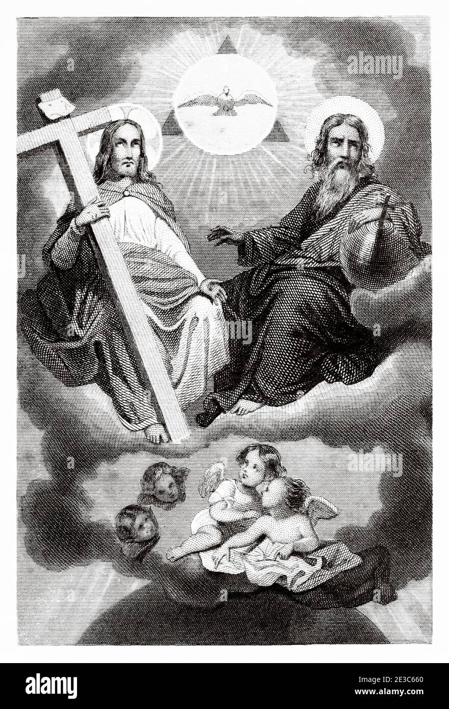 The Holy Trinity above the clouds. God as an old man, Christ with the ...
