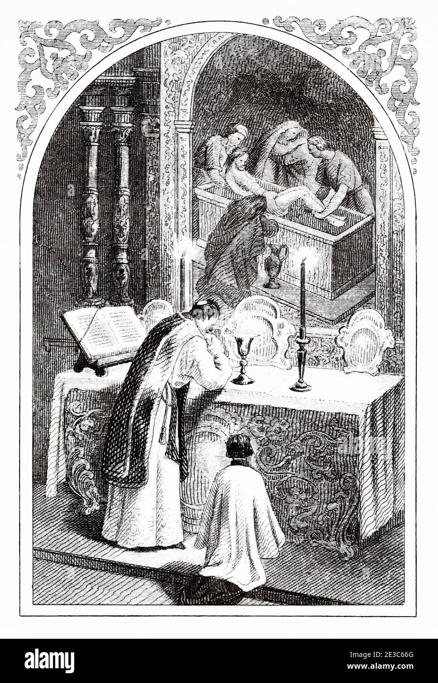 Communion ceremony at the Holy Mass of the Catholic Church. Old XIX ...