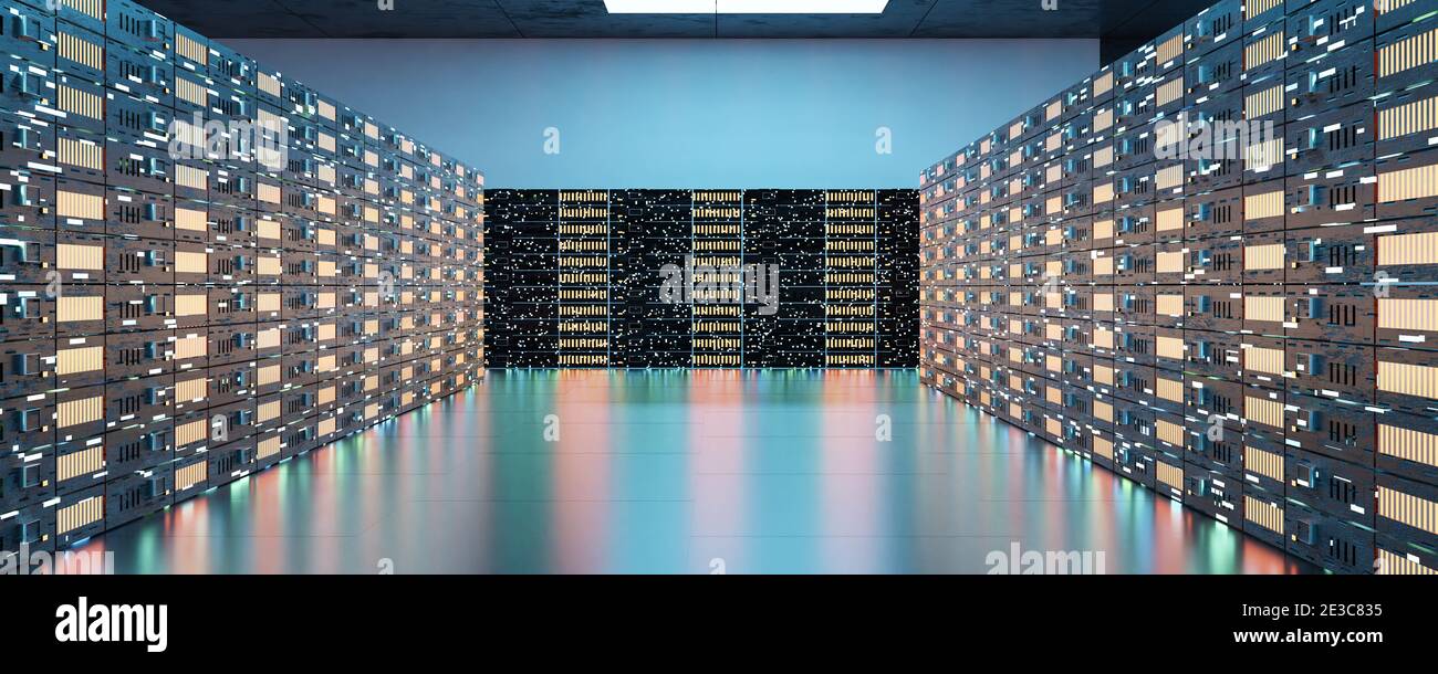 abstract technology server room with many server hardware 3d render ...