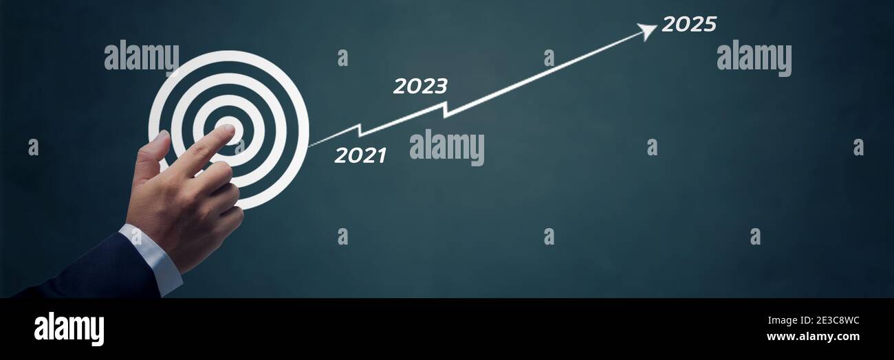 hand finger press on goal target with stair of way to success in 2021 ...