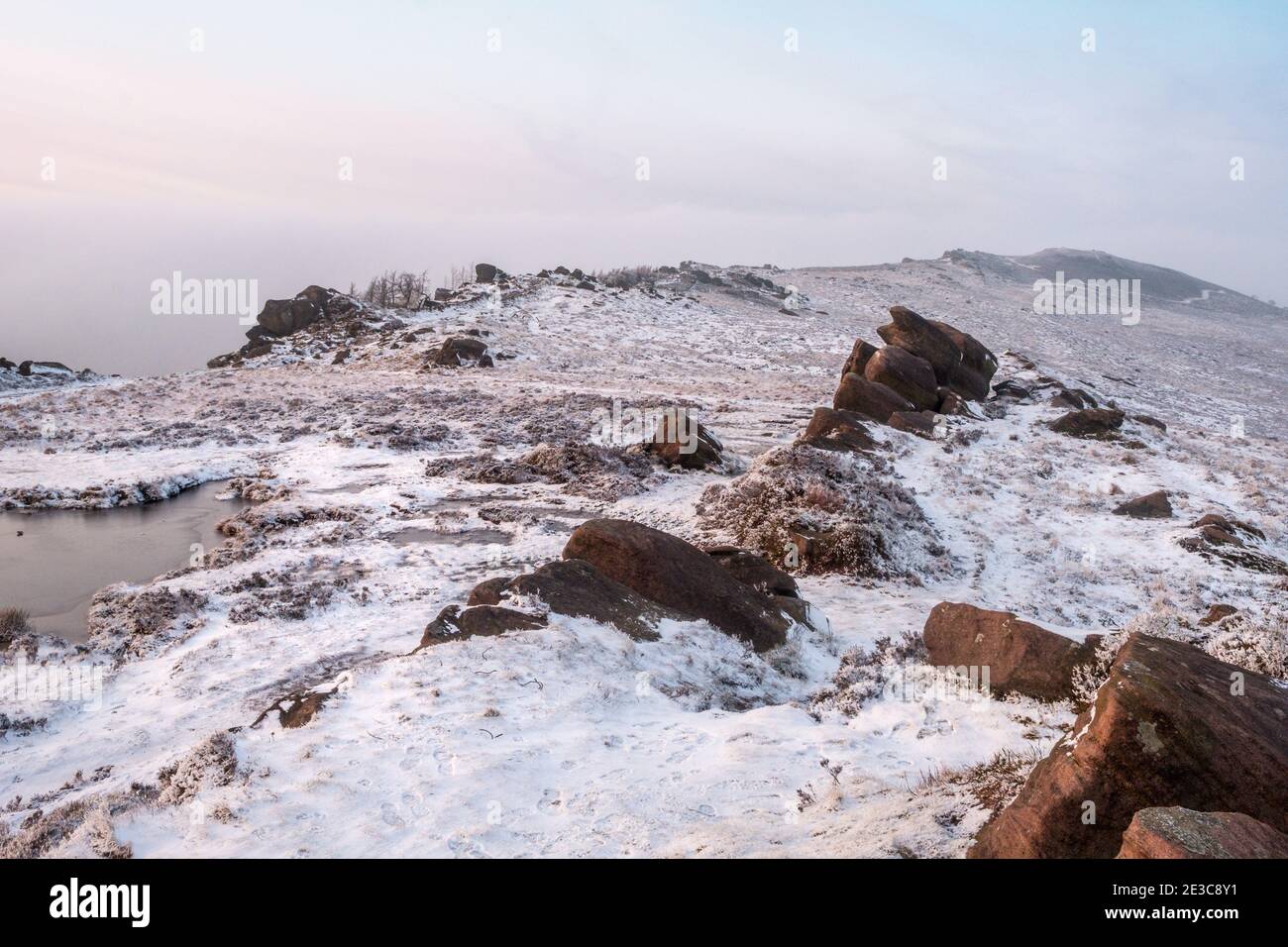 Winter view along The Roaches ridge and Doxeys Pool, Peak District ...