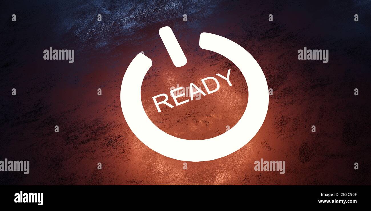 glowing letters with the word ready and power button symbol on dark ...