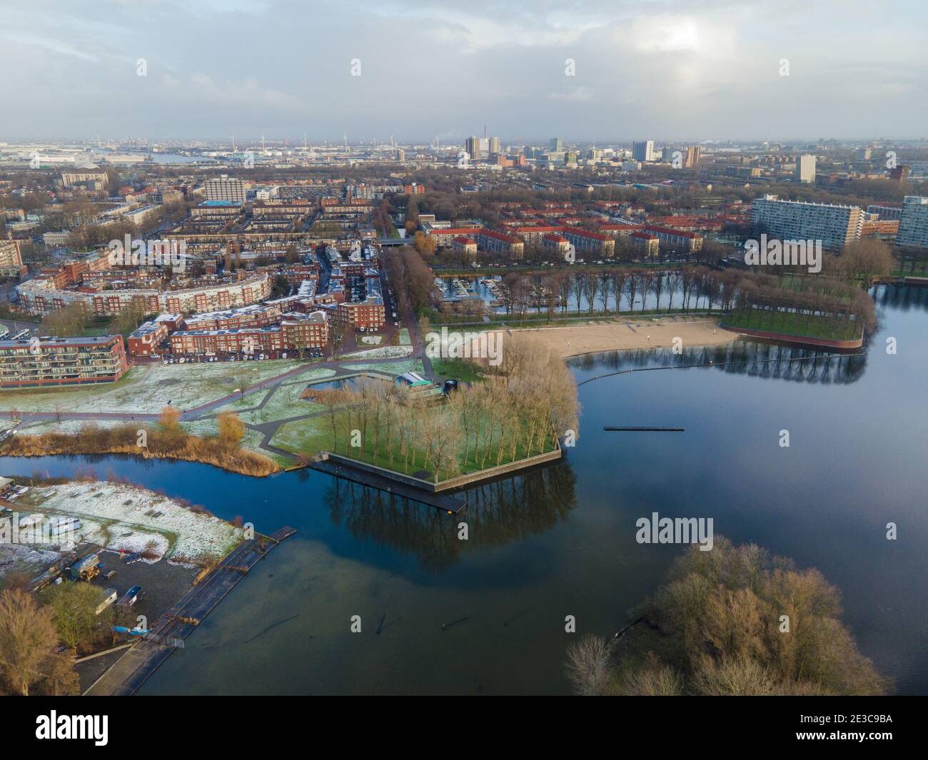 Osdorp area from above with reflection on water an snow in Amaterdam ...