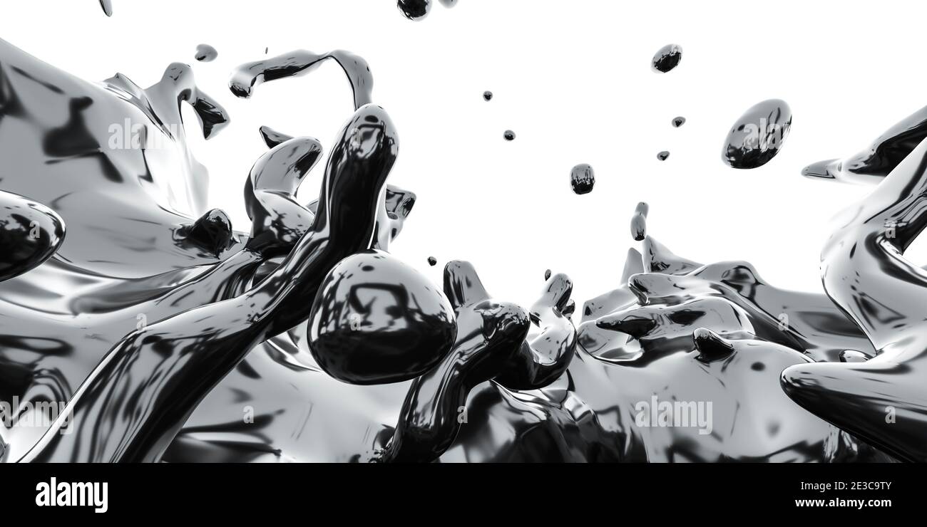 abstract close up of black fluid liquid splashing wide angle shot 3d ...