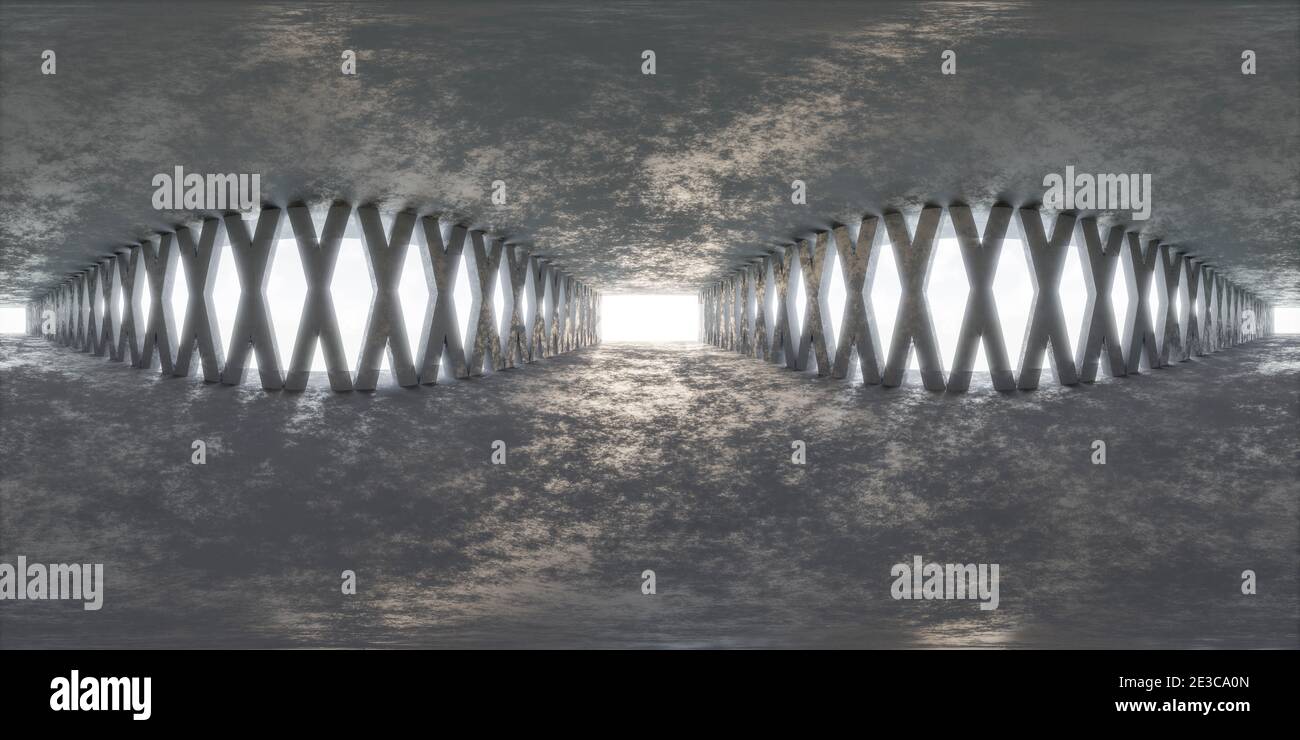 360 degree panorama of abstract concrete architecture building hallway ...