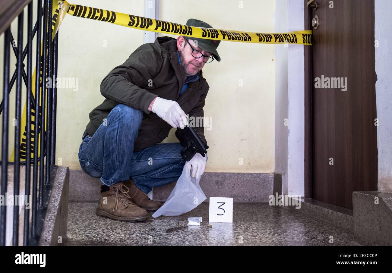 The crime scene, murder, investigation, police find rejected the gun ...