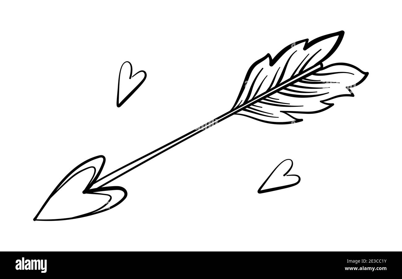 Valentines Day theme doodle Vector icon of hand drawn arrow with heart ...