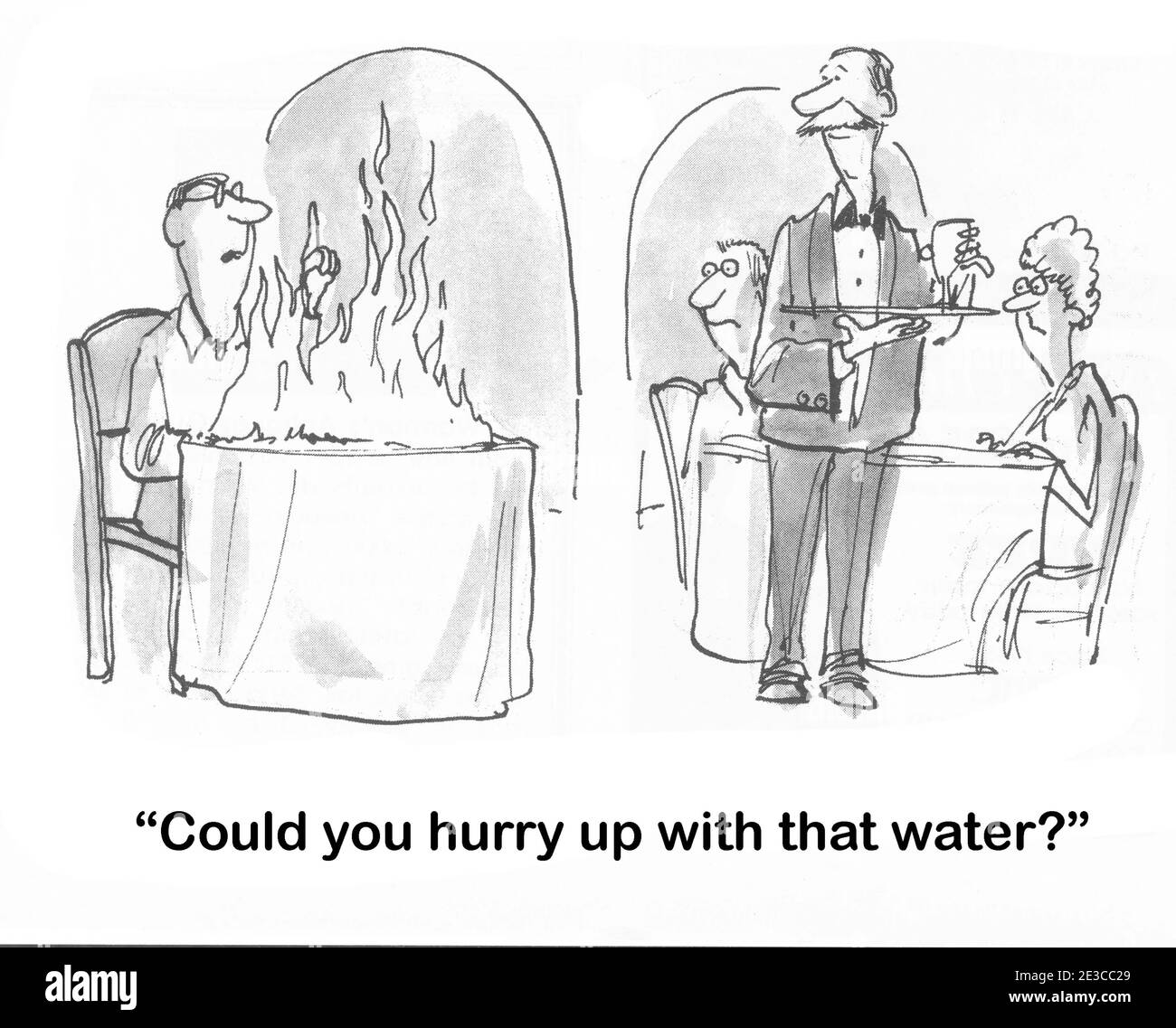 Patron needs water because table is on fire Stock Photo - Alamy