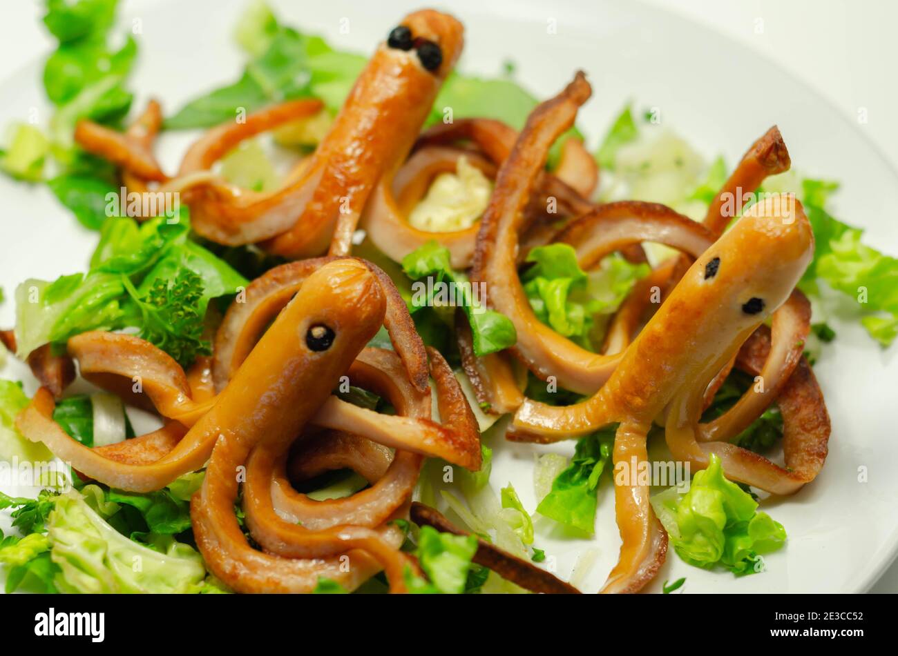 Creative meal for a child, fried sausages in an octopus shape served ...