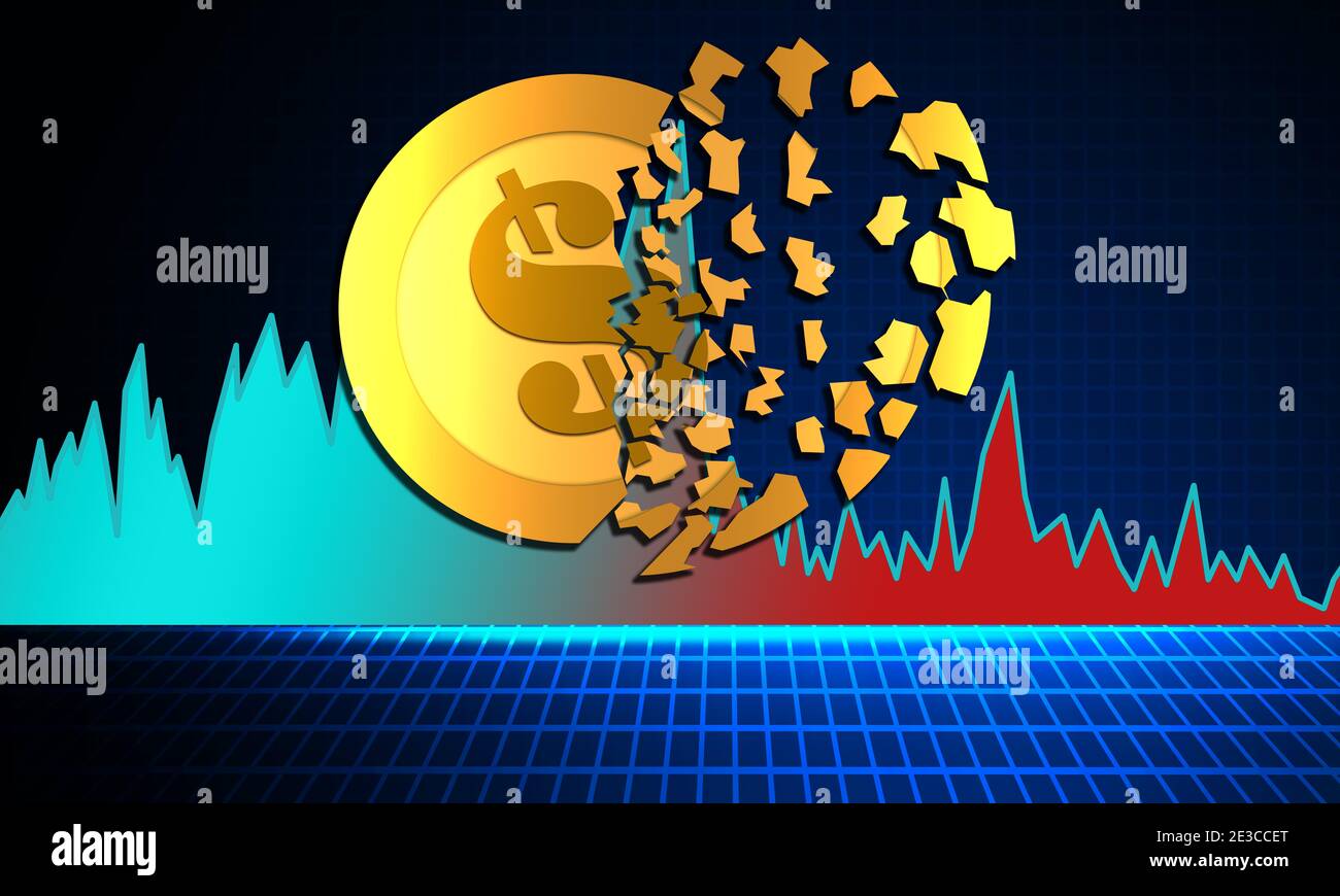 3d rendering illustration of finance decline graph with coin shatter ...