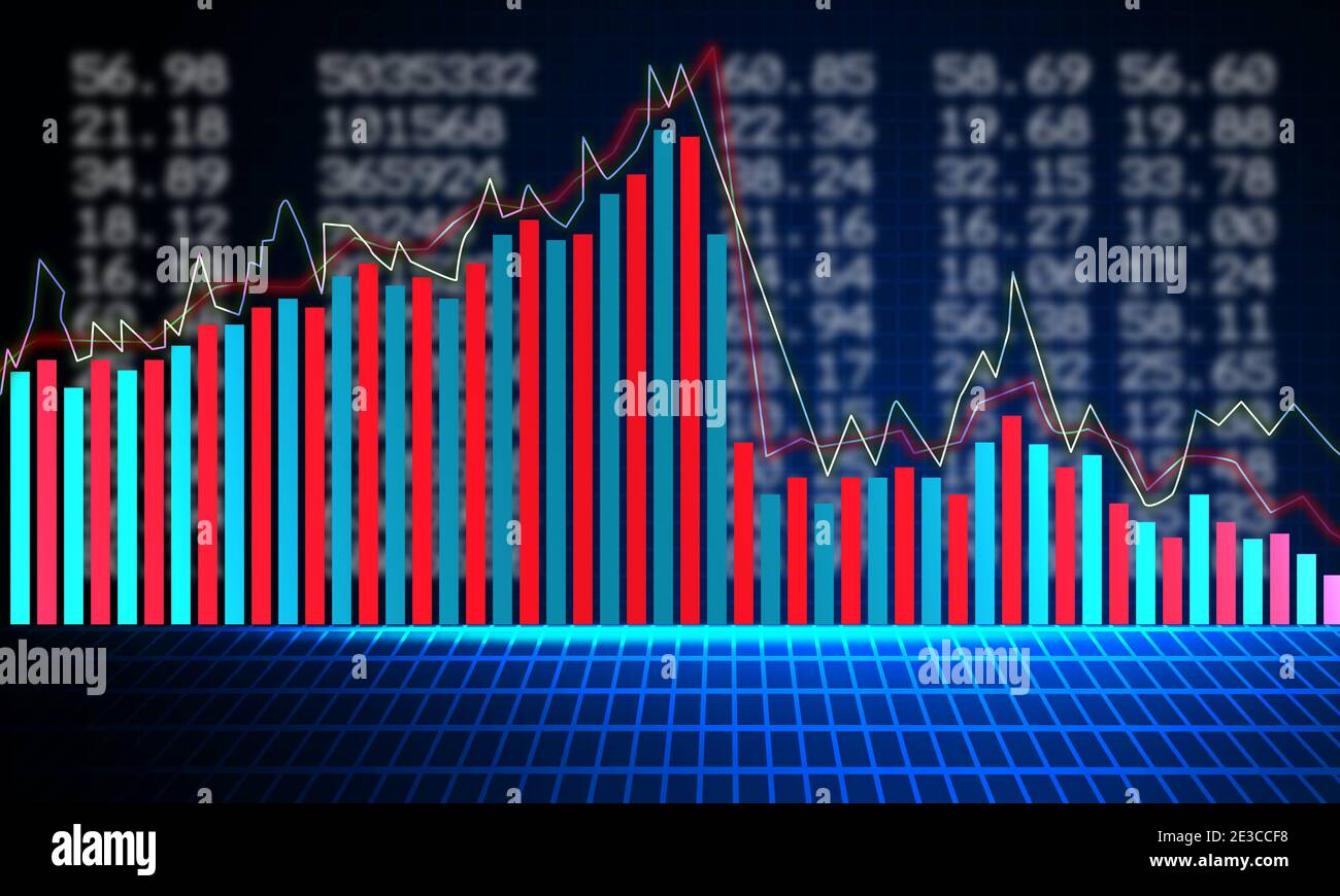3d rendering illustration of a graph going down and electronic stock ...