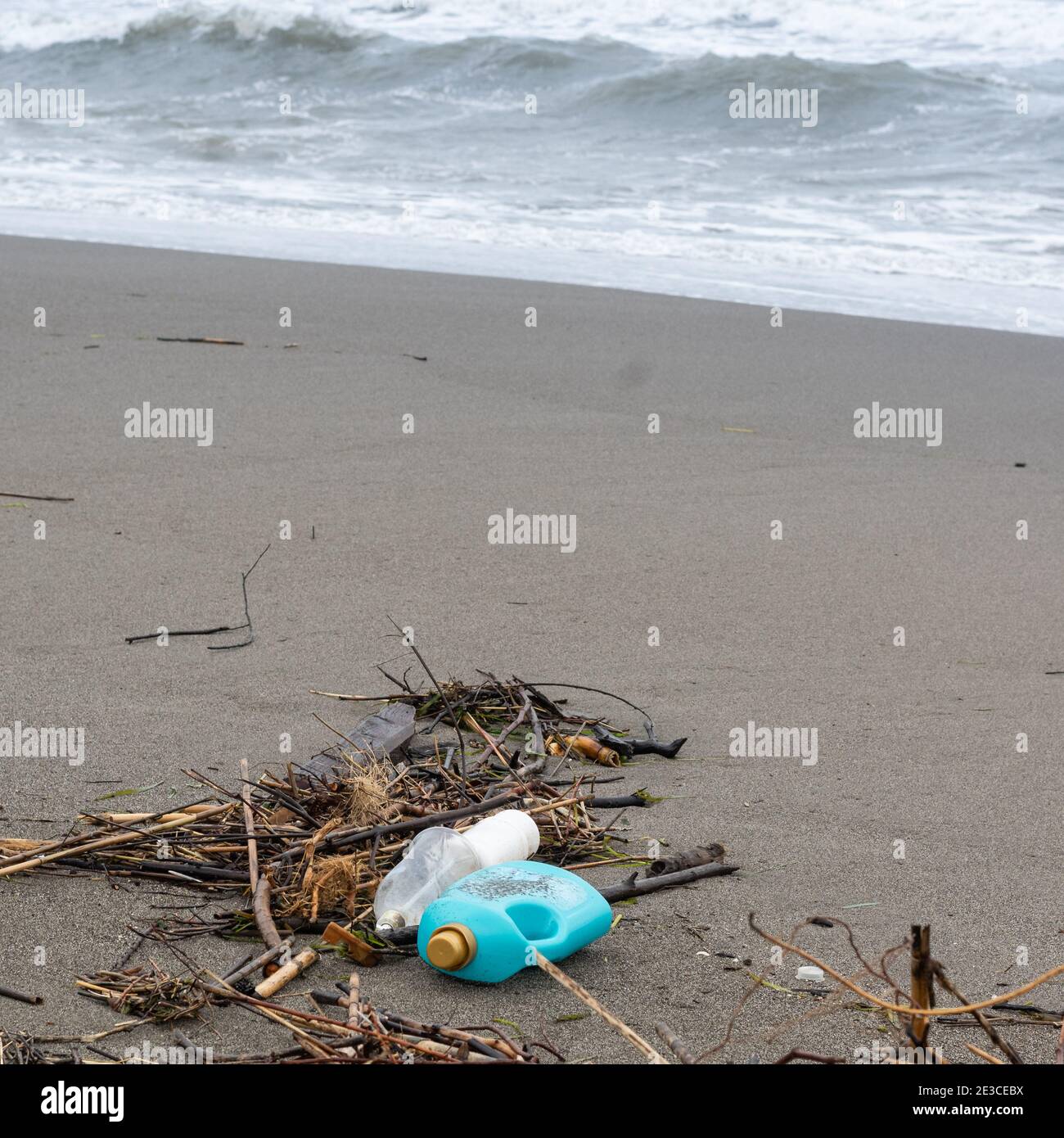 Trash thrown away in the beach, environmental problems. Natural ...