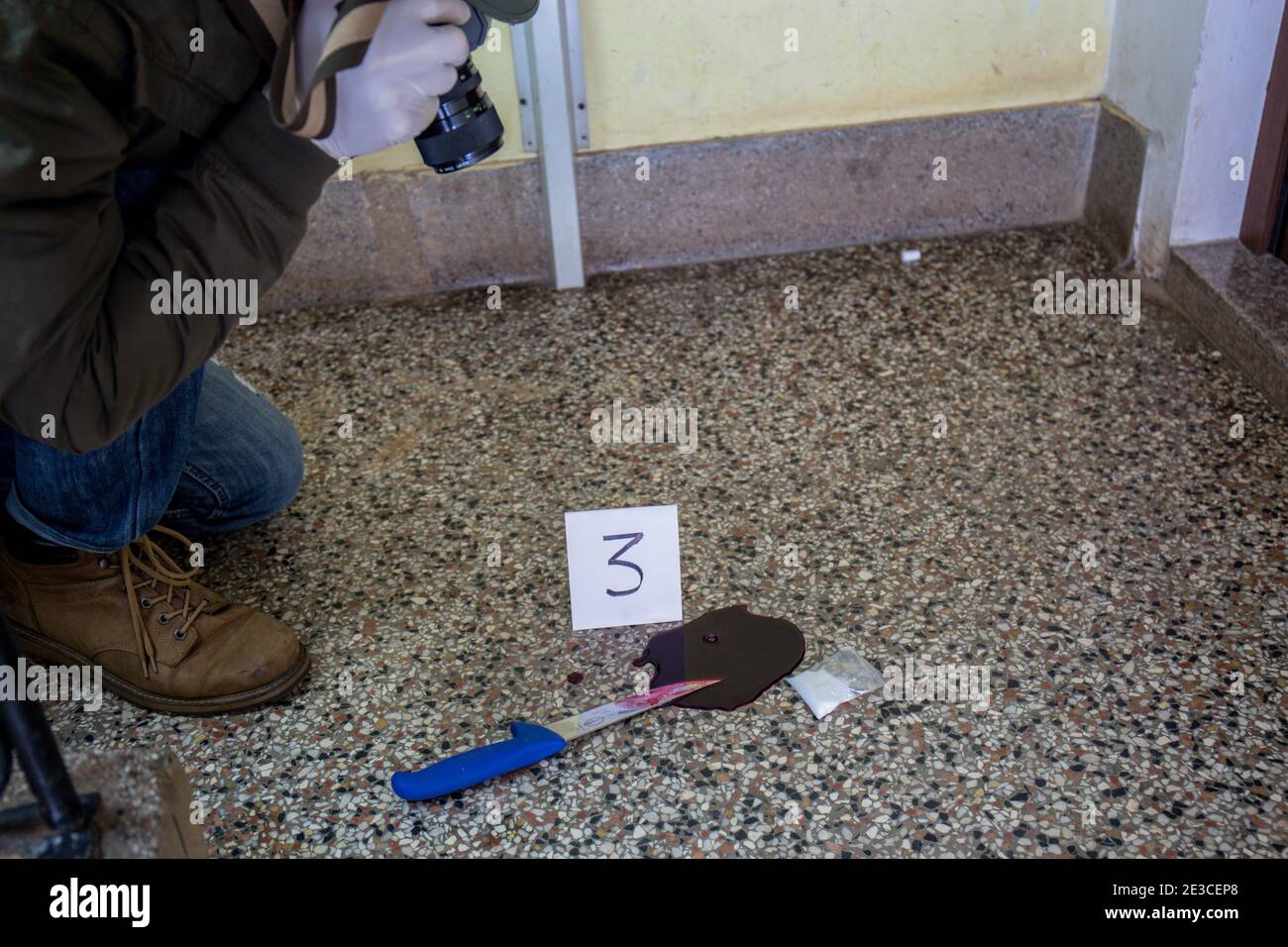 Crime scene, murder, investigation, bloody trail on asphalt, ongoing ...