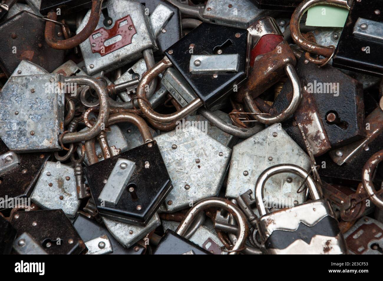 Old rusty locks and keys at flea market. Security, censorship or ...