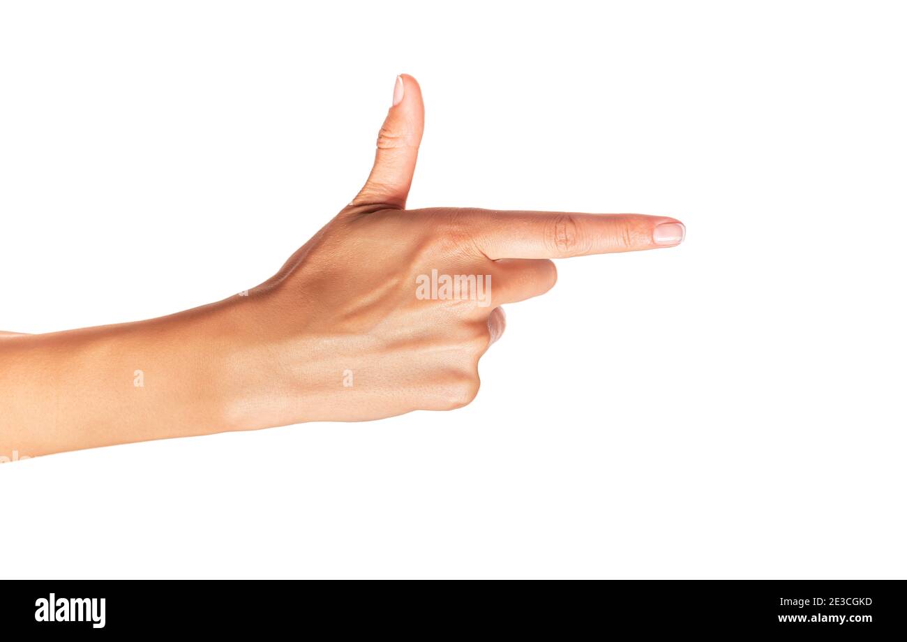 Female hand points a finger isolated on a white background Stock Photo ...