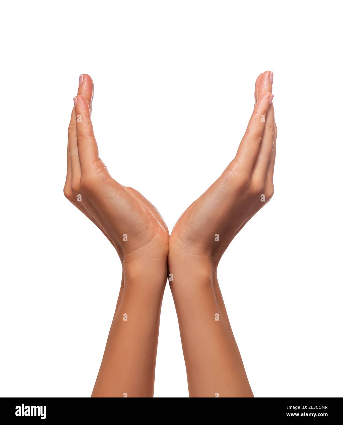 Female hands are holding something invisible isolated on white ...