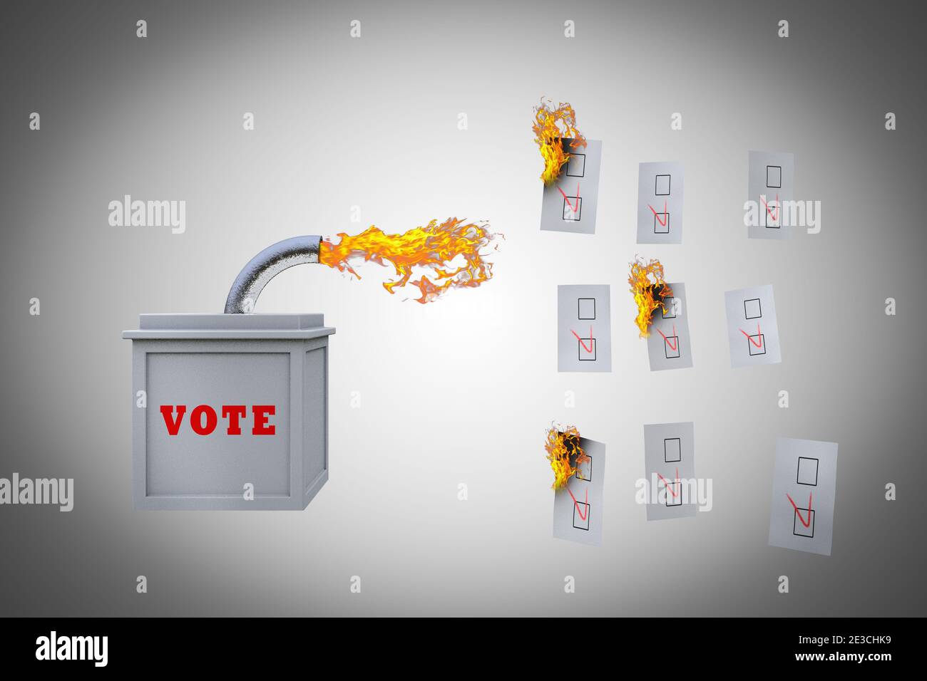 Ballot box throws fire at votes demonstrating Election fraud concept ...