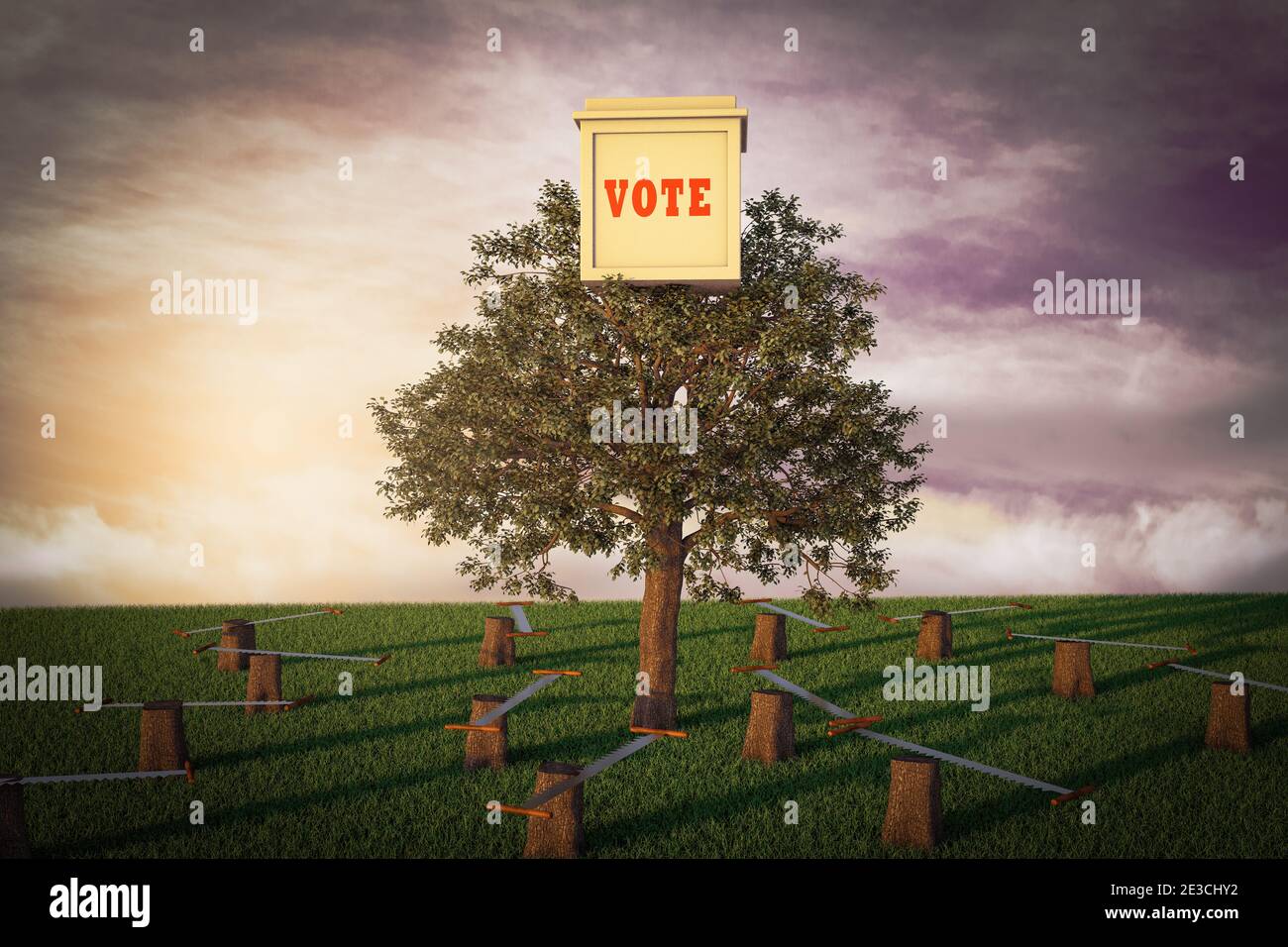 Voting tree surrounded by saws and cut down trees demonstrating voting ...