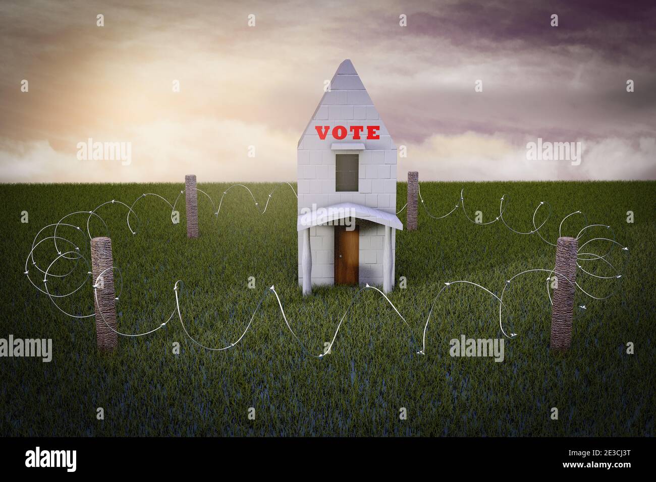 Voting house surrounded by barbed wire demonstrating voting issue. 3D ...