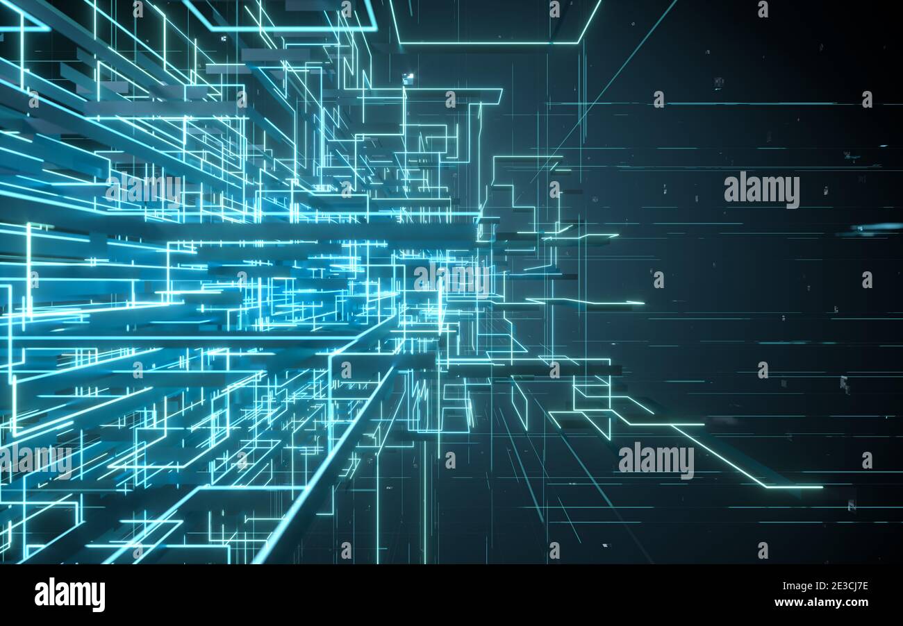 Glowing electronics lines with circuit structure, 3d rendering ...