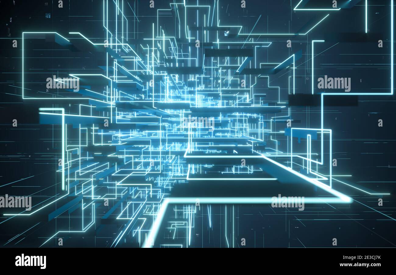 Glowing electronics lines with circuit structure, 3d rendering ...