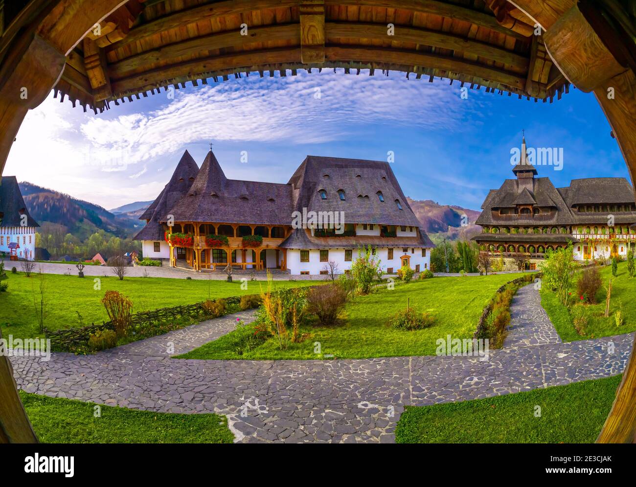 Wide view of Barsana Christian monastery house and garden in Maramures ...