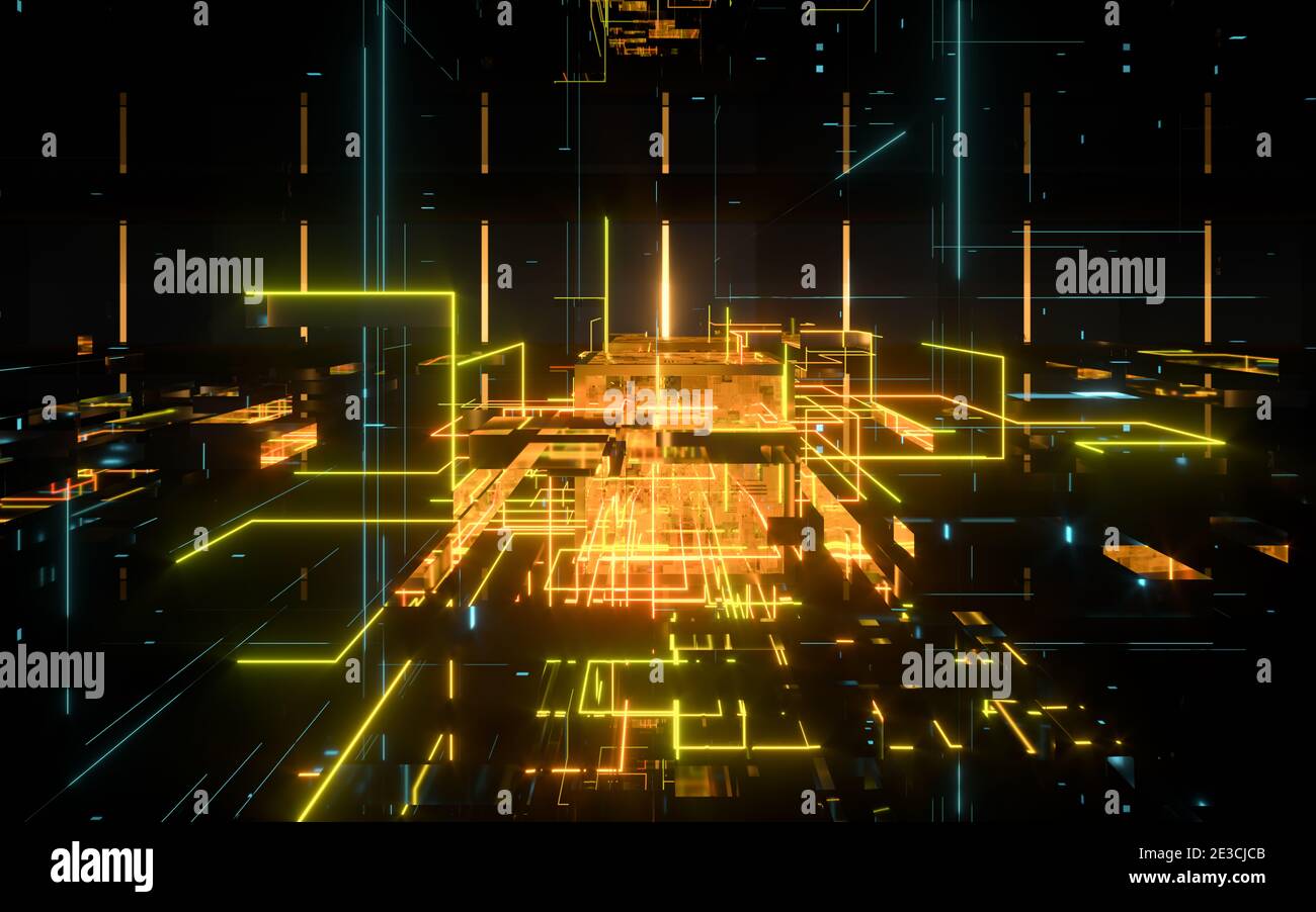 Glowing electronics lines with circuit structure, 3d rendering ...