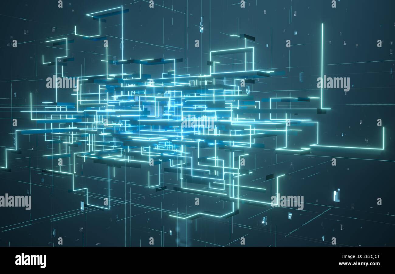 Glowing electronics lines with circuit structure, 3d rendering ...