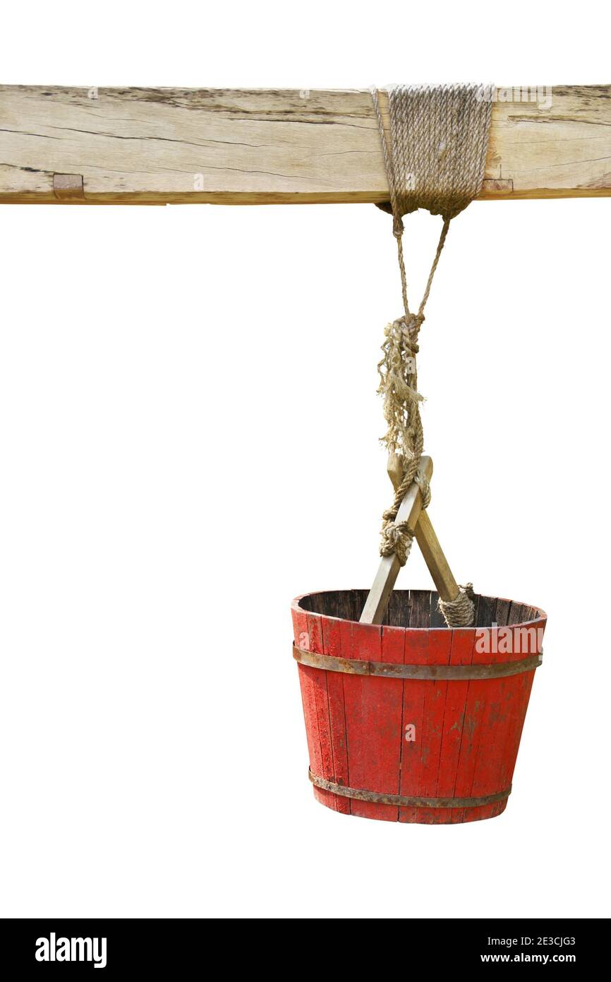 Old Red Wooden Water Bucket Hanging on Wood Beam Isolated on White ...