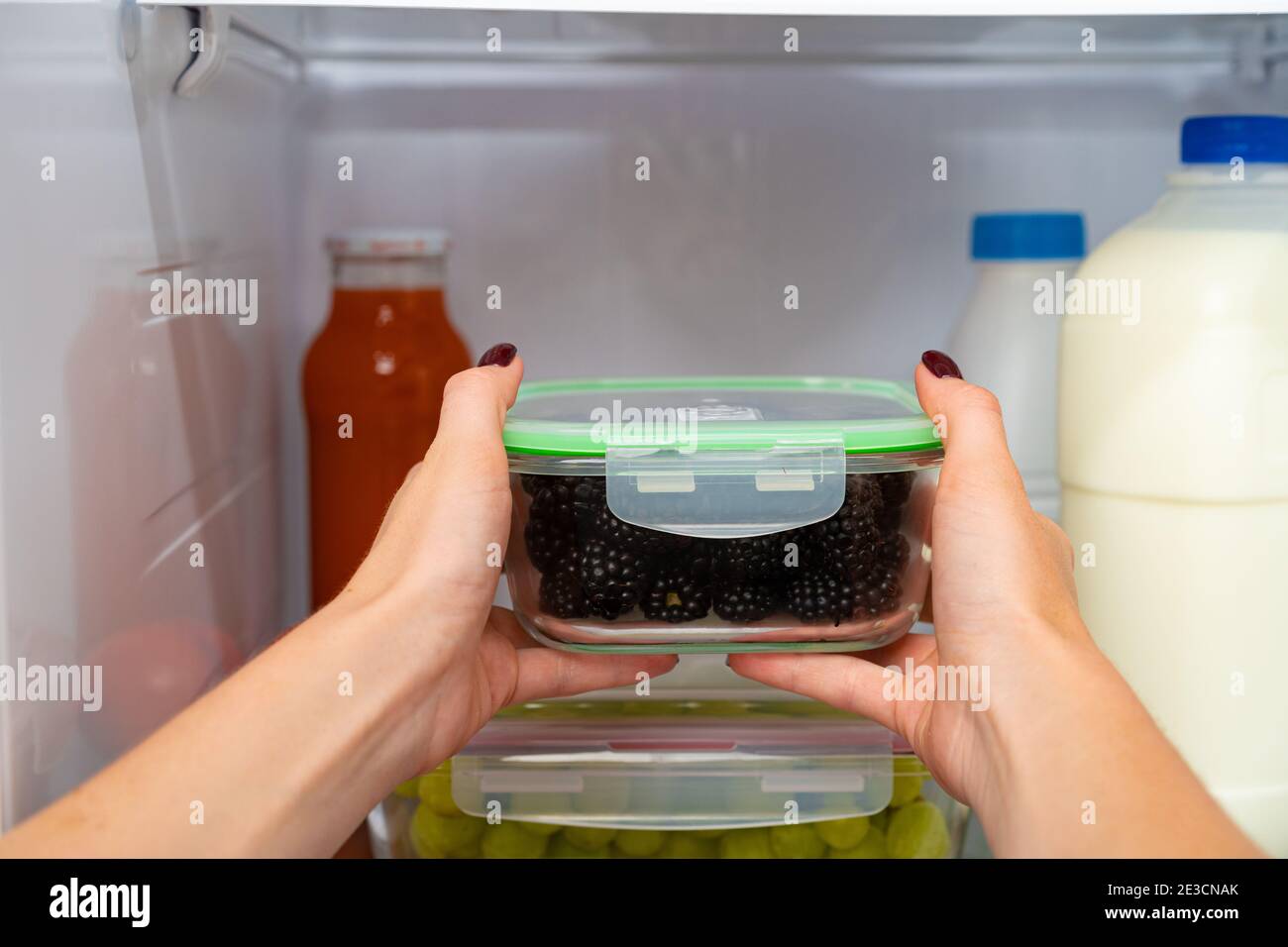 Female hands taking storage box with food from a fridge Stock Photo - Alamy