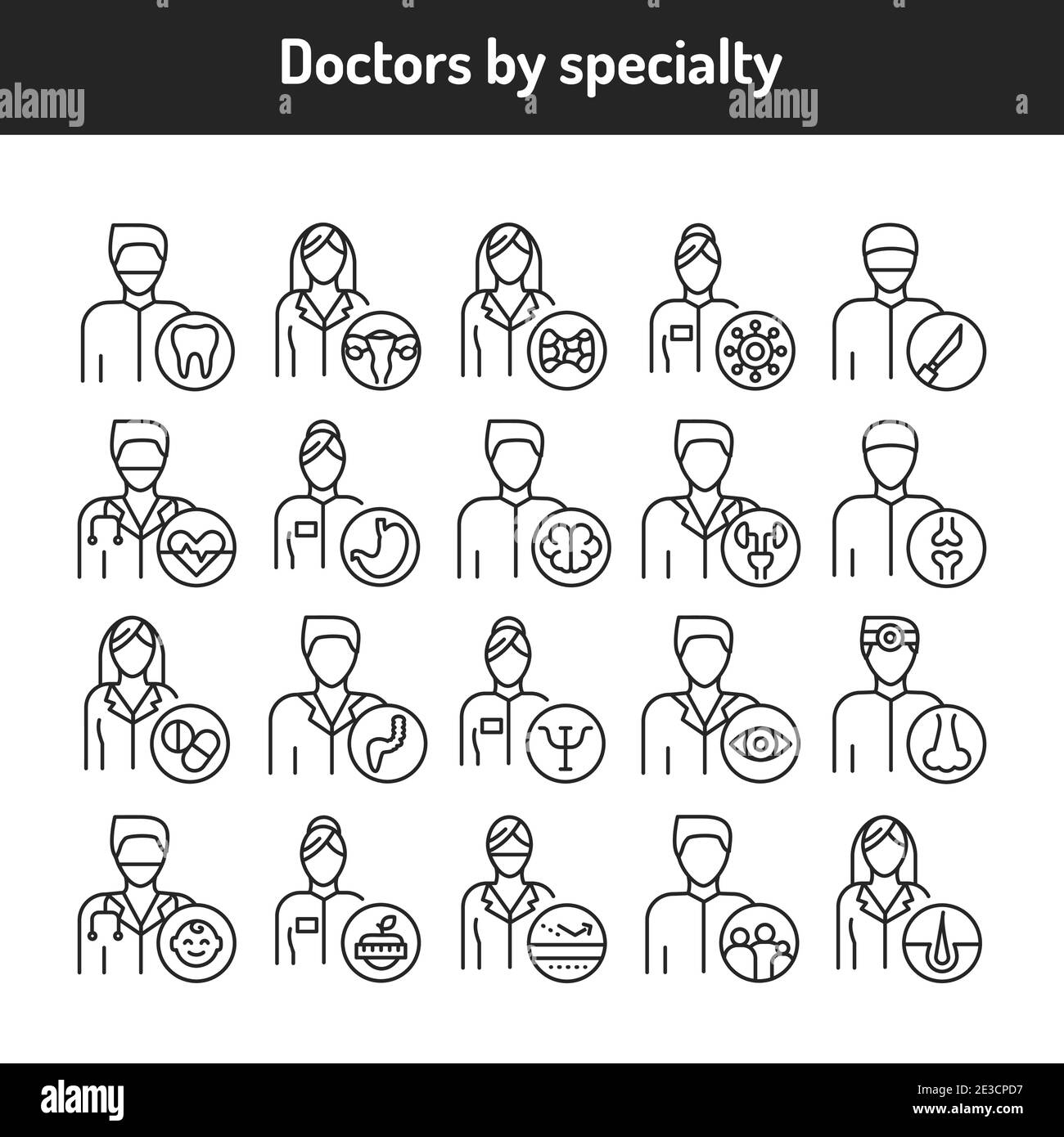 Doctors by specialty color line icons set. Subject matter experts Stock ...