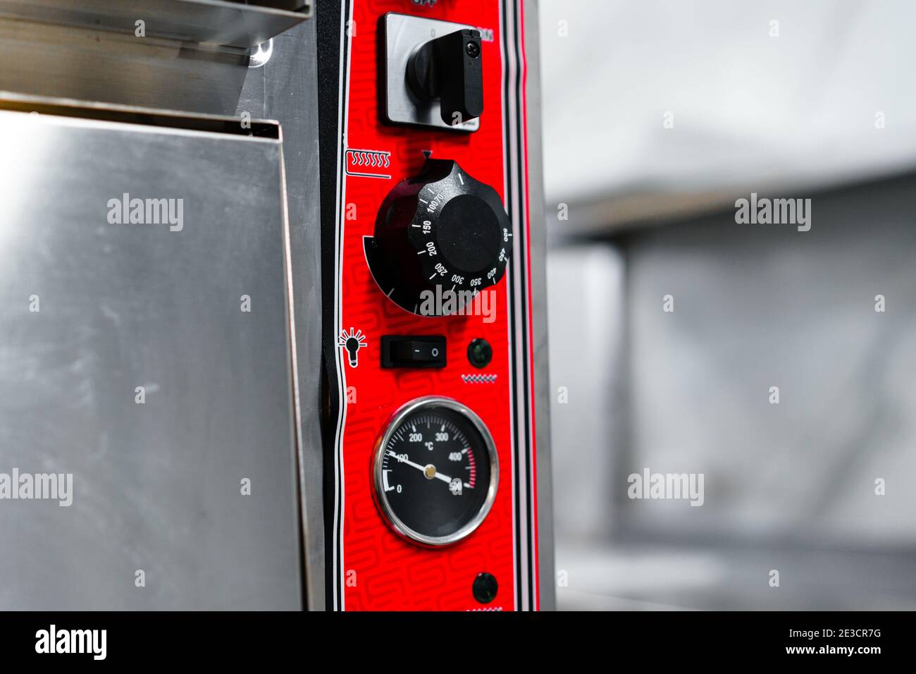 Commercial kitchen appliance temperature controls close up Stock Photo ...