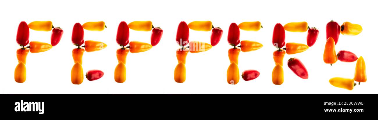Peppers of different colors in white background makind the word peppers ...